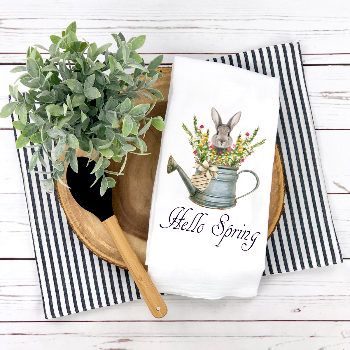 Hello Spring Bunny Tea Towel, Easter Bunny, Spring Flowers, Bunny Déco ...